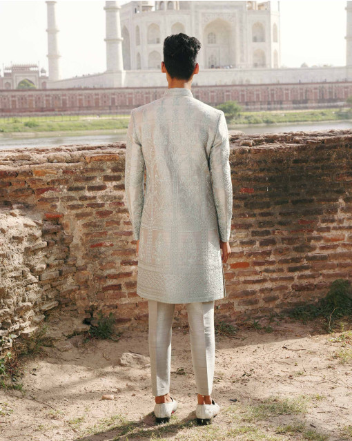 Bryce light sage green sherwani with a sage green raw silk pants